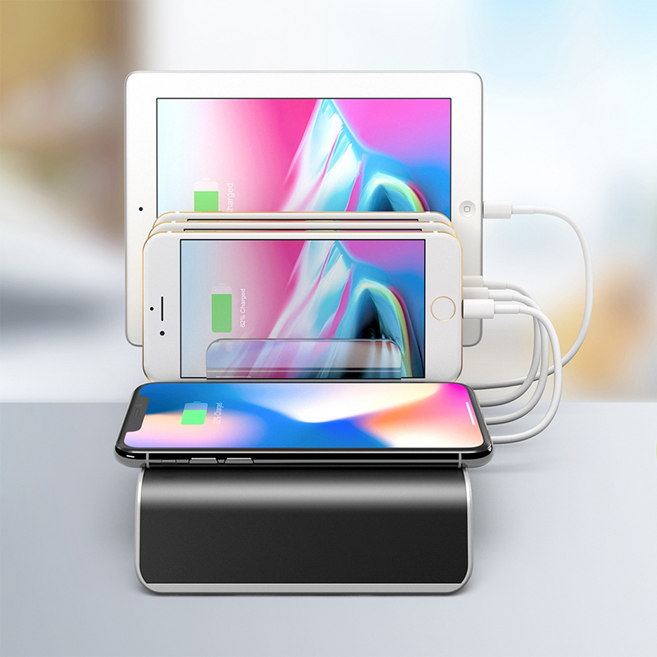 45W 4-Port USB Charging Station / Wireless Charger Desktop Stand